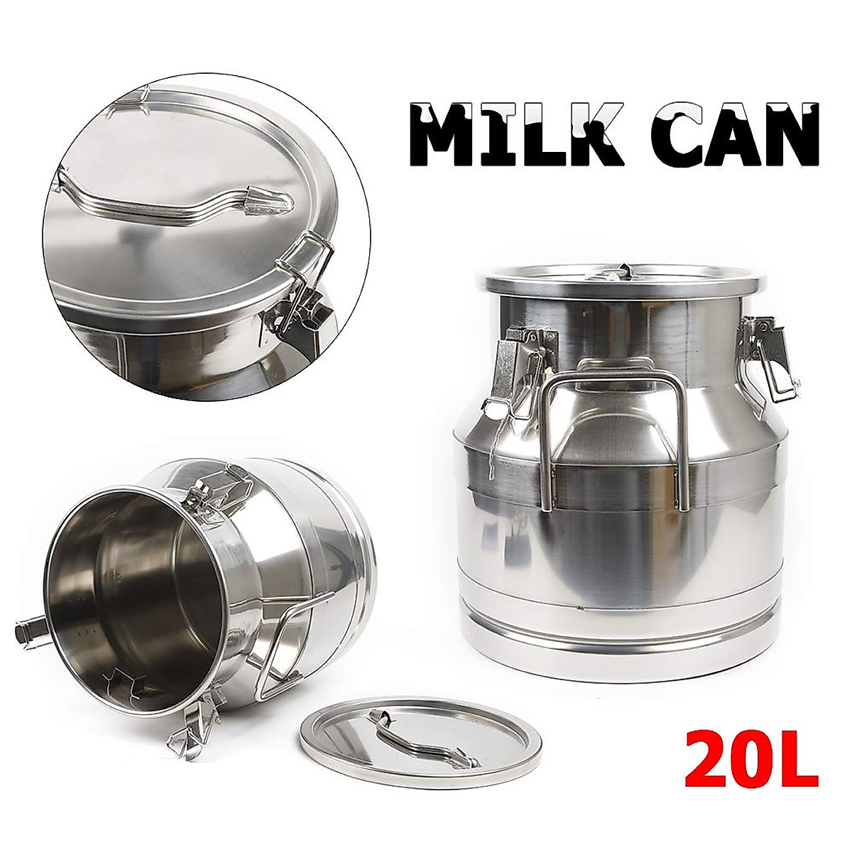Milk Can with Sealed Lid, Stainless Steel Milk Transport Cans Wine Pail Bucket Tote Jug Pot Oil Liquid Storage Barrel with 2 Handles Sealed Silicone Anti-Leak Ring Lock Belt 20L 5.28 Gallon