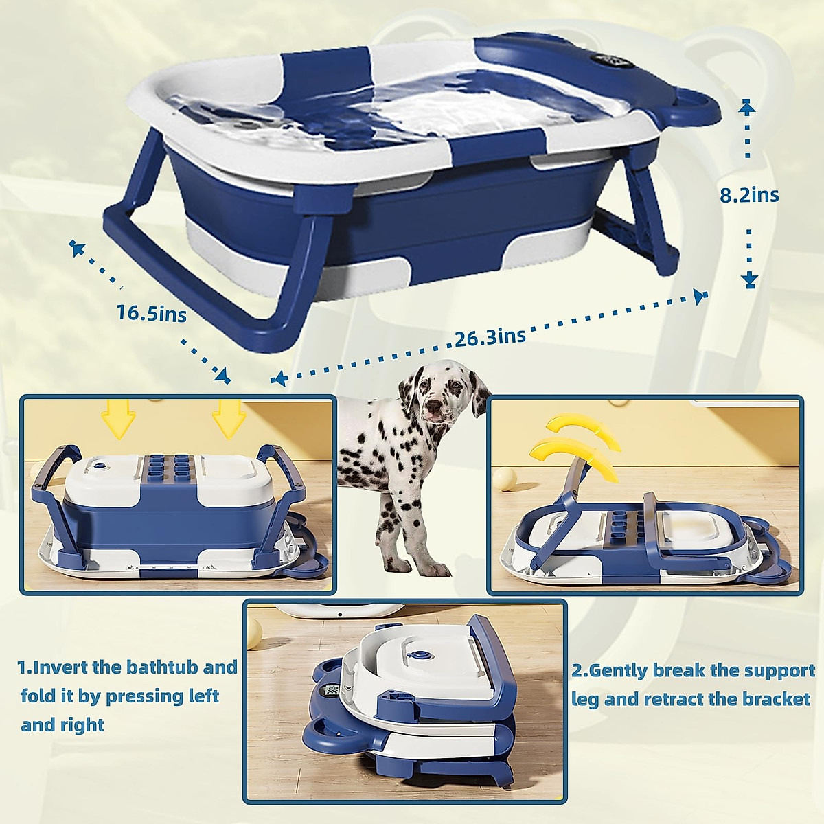 Foldable dog pet Bathtub.26.3x16.5x8.3 portable bathtub for Puppy,dog tub with thermometer and soft mat(Blue)