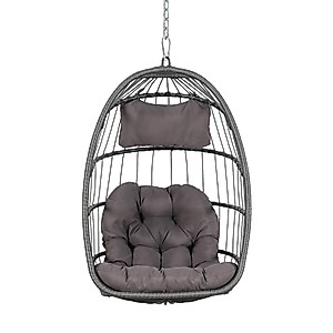 Patiorama Indoor Outdoor Egg Swing Chair with Stand, Patio Grey Wicker Rattan Hanging Chair with Rope Back, Cushion,Cover,All Weather Foldable Hammock Chair for Bedroom, Porch, Garden (Dark Grey)