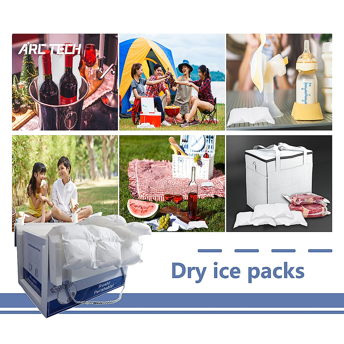 ARCTECH Dry Ice Packs for Coolers - Lunch Box Shipping Frozen Food Lunch Bags, Leak-Proof Gel Refrigerant, Reusable Ice Packs -Large Sheets, Long Lasting, Flexible, Absorb Water (16.5"x10" 6PACK)