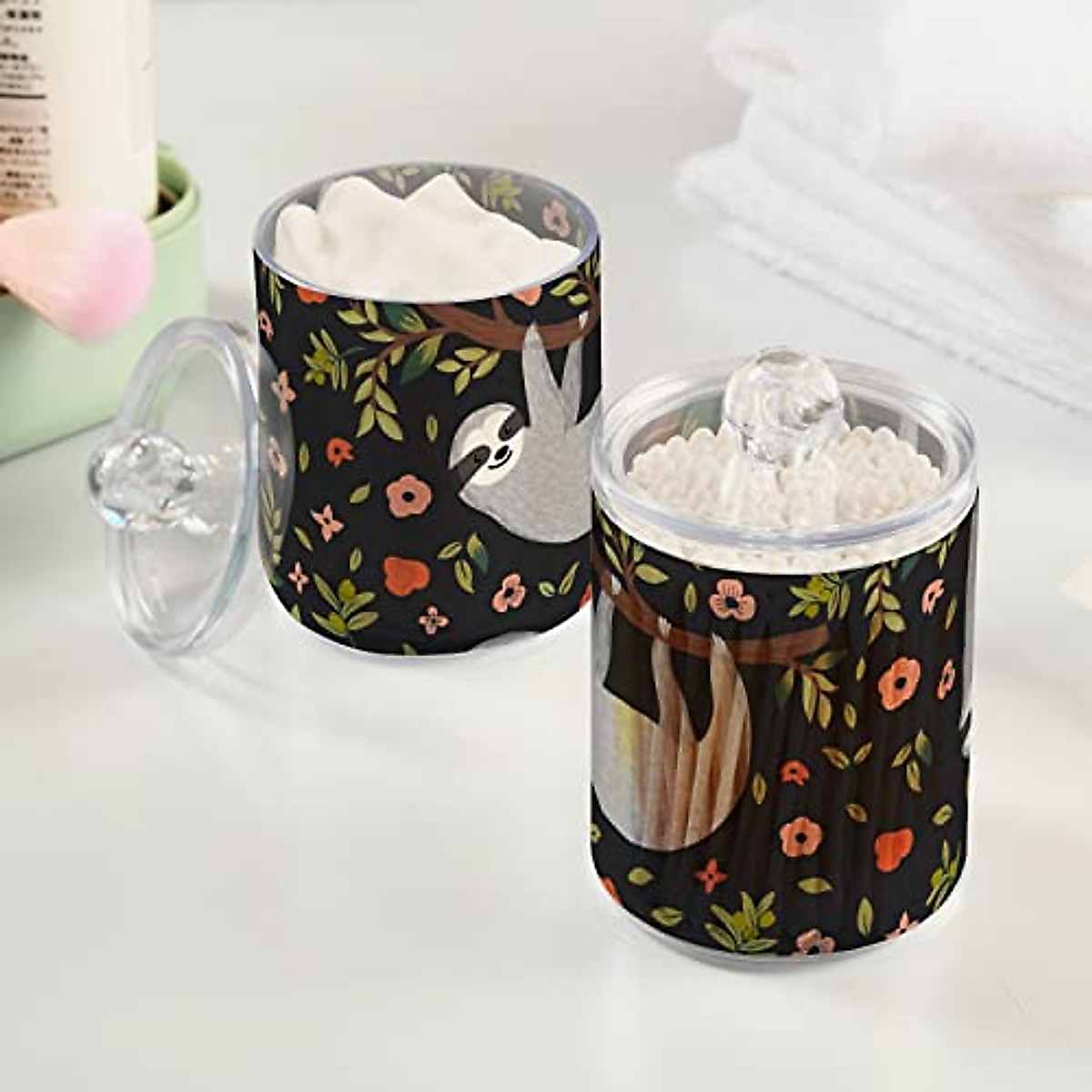 xigua 2 Pack Sloth Qtip Holder Dispenser with Lids 14 oz Bathroom Storage Organizer Set,Clear Apothecary Jars Food Storage Containers for Tea,Coffee,Cotton Ball,Cotton Swab,Floss