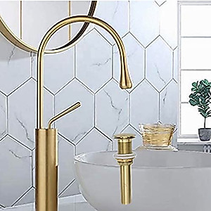 Luxury High Arc Single Handle One Hole,Tall Modern Bathroom Vessel Sink Faucet, Solid Brass Lavatory Vanity Faucet, Free Pop Up Drain Assembly and Water Hoses. cUPC Certified (Brushed Gold)