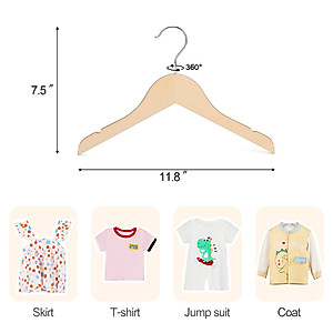 TOPIA HANGER Unfinished/Natural Kids Children Baby Wood Wooden Clothes Dress Shirt Hangers with No Painting - 360°Stronger Flexible Hook- Extra Smoothly Cut Notches, 10 Pack CT09N