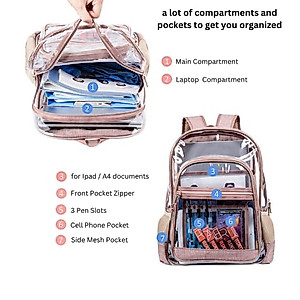 Heavy Duty Clear Backpack - 15L Large Transparent Bag with Adjustable Straps, Multiple Pockets & Compartments - Durable See-Through Plastic Clear Book Bag for School, Work, Travel - Rose Pink