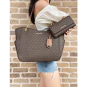 Michael Kors Jet Set Travel Large Chain Shoulder Tote bundled with Trifold Wallet (Brown MK 2021)