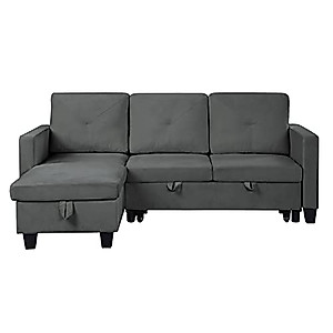 RITSU Reversible Velvet Sleeper Sectional Sofa with Storage Chaise and Side Pocket, L-Shape Corner Couch with Arms for Living Room, Home Furniture, Apartment, Dorm, Dark Gray 3