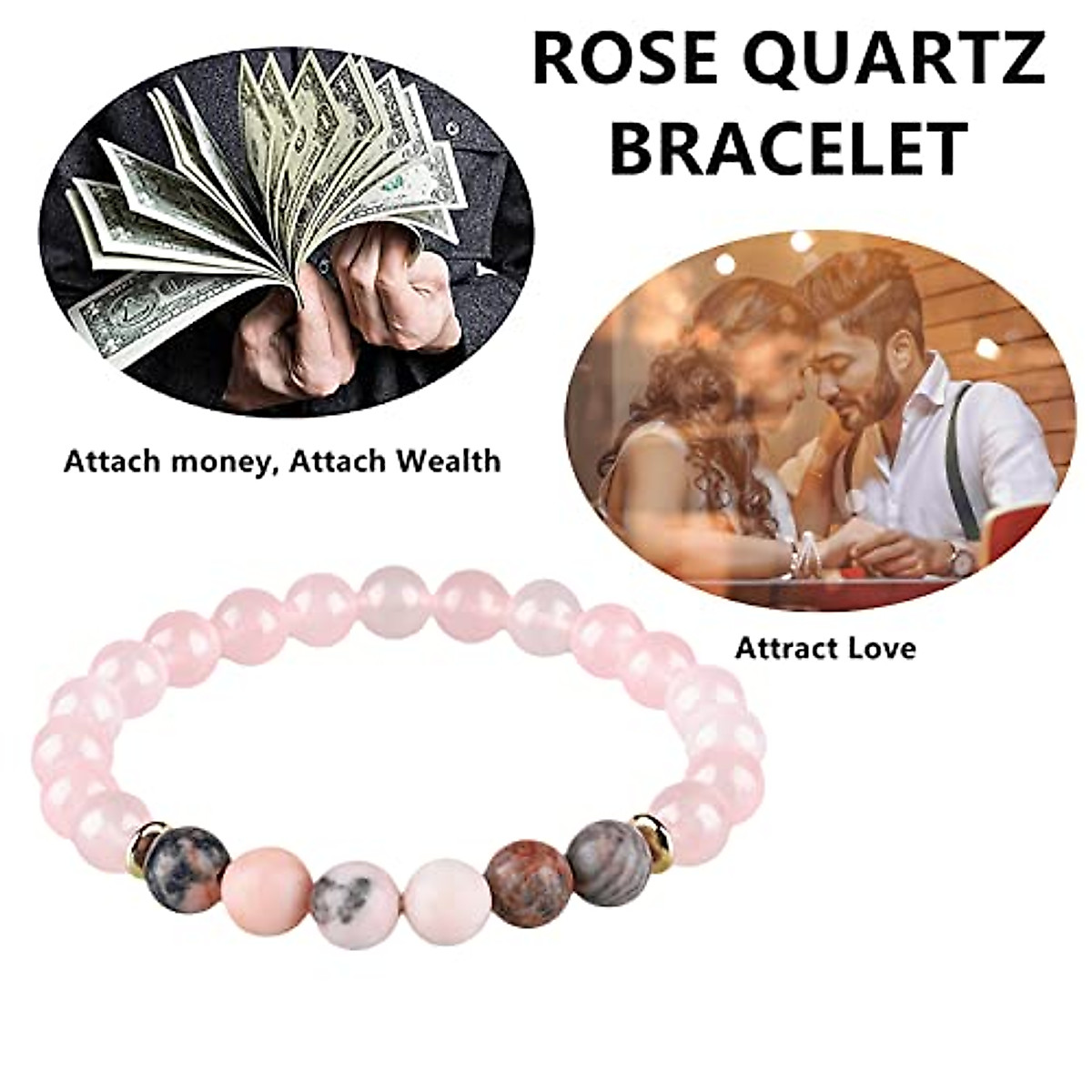 HOZEAL Rose Quartz Bracelet, Love Friendship Pink Crystal Stone Chakra Bracelet, Business Money Energy Wealth Good Luck Prosperity Feng Shui Beaded Bracelet for Men Women (B)