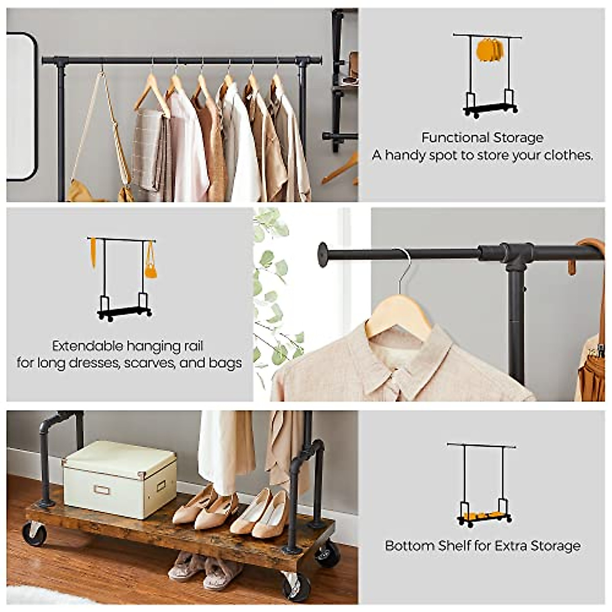 VASAGLE Rolling Clothes Rack, Garment Rack for Hanging Clothes with Wheels, Hanging Rail and Shelf, Heavy-Duty, Industrial Pipe Design, Rustic Brown and Black URGR110B01