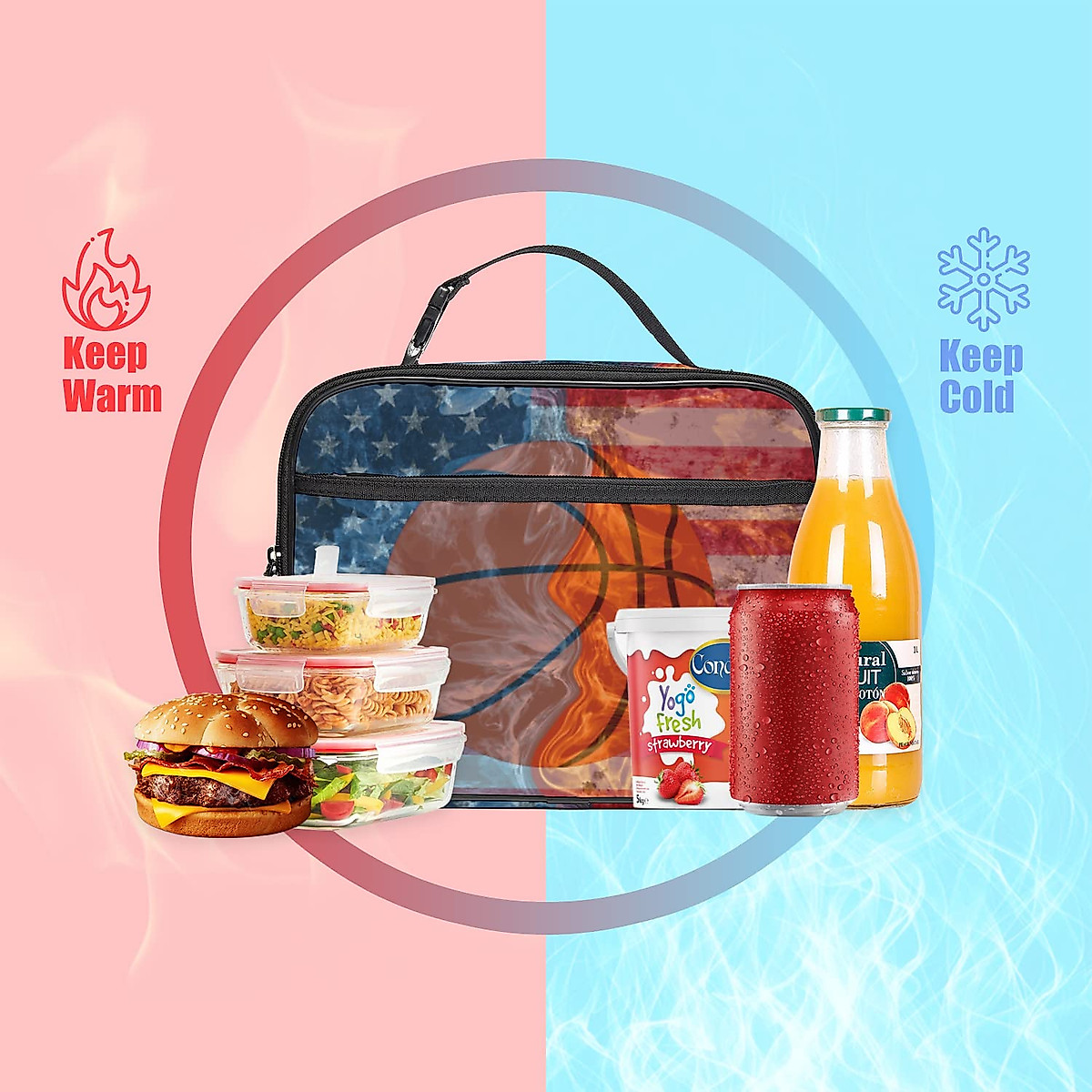 Onzhvex Basketball Reusable Lunch Box, Insulated Lunch Bags for Girls Boys Kids, Thermal Tote Bags with Detachable Buckle Leak-proof Cooler Container for Work, Picnic, Outdoor