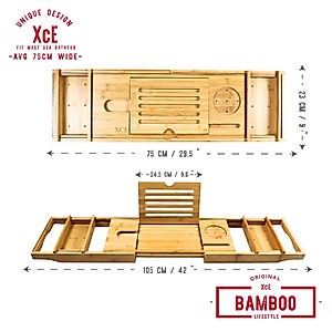XcE Bathtub Caddy Tray Expandable to 105cm with Bamboo Book Stand and Soap Tray, Natural
