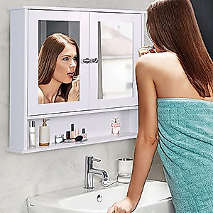 Bathroom Cabinet with 2 Mirror Doors Wall Mounted Medicine Cabinets Bathroom Shelves Over Toilet Adjustable Shelf for Laundry Room Kitchen Living Room with Open Shelf White Dresser with Mirror