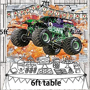 QUEENMO Monster Truck Backdrop Birthday Party Backdrop Racing Cars Grave Digger Checkered Flag Photography Background for Baby Boy Cake Table Decorations Banner Photo Booth Props Supplies