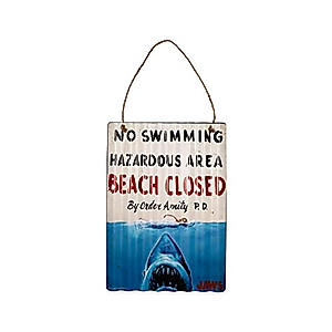 JAWS "Beach Closed" Corrugated Tin Sign Hanging Wall Art | Steven Spielberg Classic Movie Gifts and Collectibles | 12 x 16 Inches
