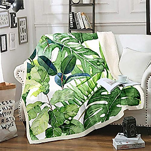 Feelyou Palm Leaf Sherpa Throw Blanket Green Tropical Leaves Pattern Fleece Blanket Chic Watercolor Plush Blanket for Bed Sofa Botanical Leaf Branches Fuzzy Blanket Room Decor Throw 50"x60"