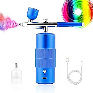 Airbrush Kit Machine with Compressor, Rechargeable Handheld Airbrush, Professional Cordless Air Brush Portable for Nail Art, Makeup, Barber, Cake Decor, Painting (Blue)