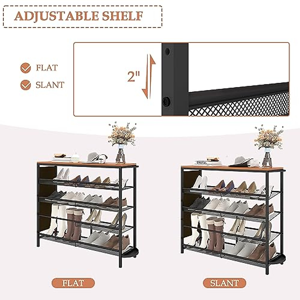 Bonzy Home Shoe Rack For Entryway, 5-Tier Shoe Shelves with Umbrella Holder and Fabric Pockets, Metal Mesh, Flat & Slant Adjustable Free Standing Shoe Racks for 21 Pairs