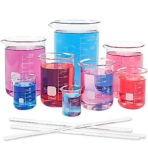 SUPERLELE 8pcs Glass Graduated Beaker Set 25, 50, 100, 200, 250, 400, 500, 1000ml, Glass Measuring Beakers with 4 Stirring Rods