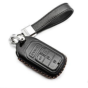 INFIPAR Fit for Honda Passport CR-V Accord Pilot Civic HR-V Insight Genuine Leather Smart Key Fob Case Cover Keyless Entry Protector, with Key Chain (5-Button, Black)