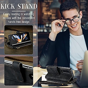 BybAgs Wallet Case for Samsung Galaxy Z Fold 4 3 Hand Strap Premium PU Leather Phone Case Card Slots Magnetic Zipper Pocket Stand Cover,Brown,for Samsung Z Fold 3