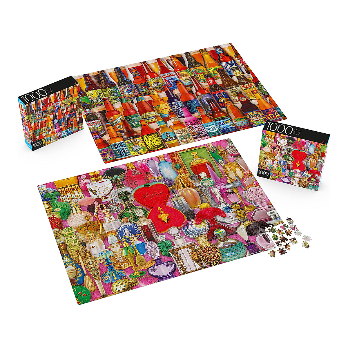 2-Pack of 1000-Piece Jigsaw Puzzles, for Adults, Families, and Kids Ages 8 and Up, Perfume Bottles and Craft Beer Bottles