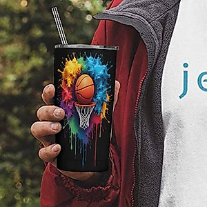 Colorful Basketball Splash 20 OZ Stainless Steel Tumbler Travel Car Coffee Mug with Straw Lid Cleaning Brush Coffee Tumbler Mug for Women Men