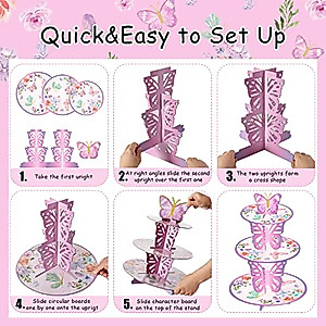 Butterfly Party Cupcake Stand for Girls Pink 3-Tier Cake Stand Baby Shower Spring Butterfly Birthday Party Table Cake Holder Decorations for Kids Cupcake Stands Butterfly Theme Decorations Supplies