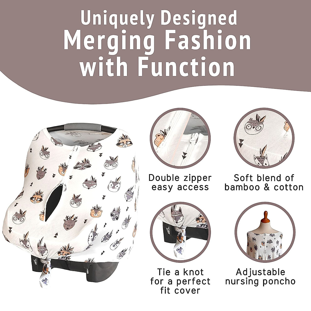 Baby Leaf Covers - Stretchy Multi Use Infant Car Seat and Stroller Canopy with Double Zipper, Breathable Nursing Poncho and Breastfeeding Scarf, Woodland