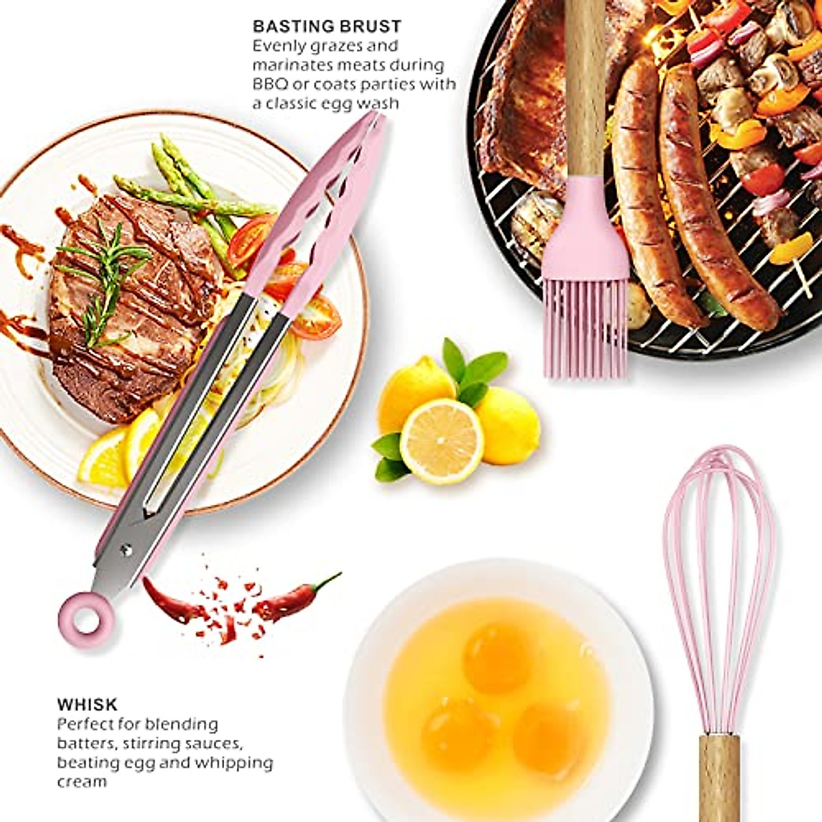 14 Pcs Silicone Cooking Utensils Kitchen Utensil Set - 446°F Heat Resistant,Turner Tongs,Spatula,Spoon,Brush,Whisk, Wooden Handles Pink Kitchen Gadgets Tools Set for Nonstick Cookware (BPA Free)