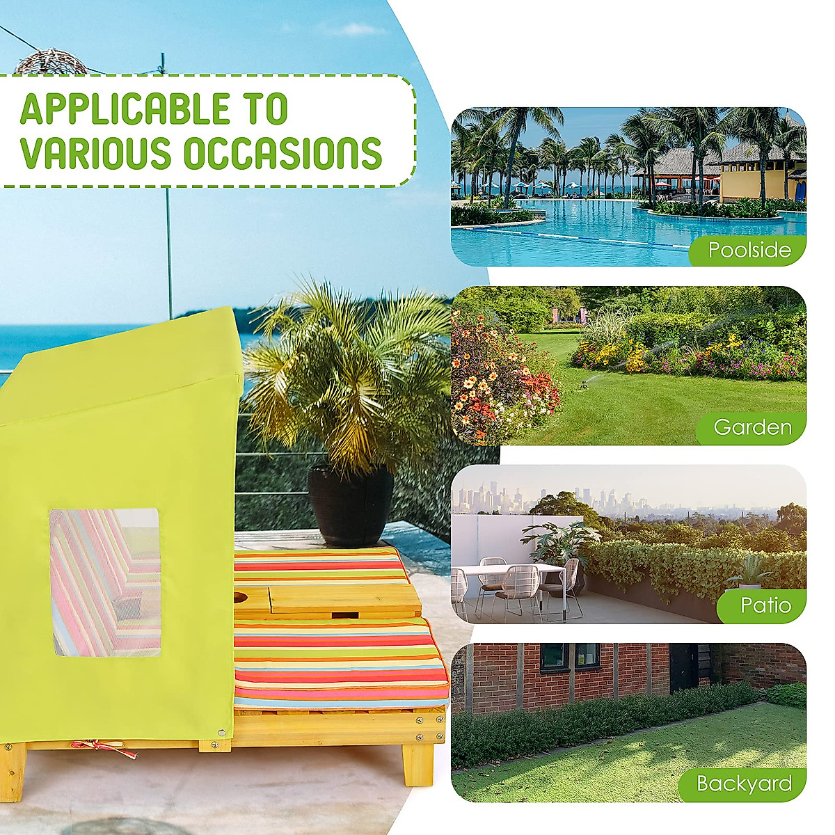 Costzon Kids Chaise Lounge, Double Seat Patio Chair w/Canopy, Cup Holders, Cushion, Breathable Mesh, Backrest Recliner, Children Outdoor Wood Furniture Gift for Boy Girl 3-8 Year Old, Kids Beach Chair