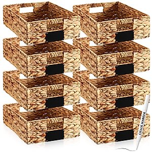 Nitial 8 Pcs 16 x 12 x 5 Inch Wicker Storage Basket, Rectangular Water Hyacinth Storage Baskets for Shelving, Foldable Woven Pantry Organizer with Chalkboard Label and Chalk Marker (Classic Color)