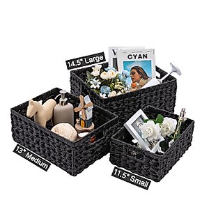 Homepeaz Set of 3 Wicker Storage Baskets, Decorative Baskets With Built-in Handles, Multipurpose Nesting Countertop Baskets for Shelves, Pantry, Kitchen Organizers, Bathroom, Toilet, Closet (Black)