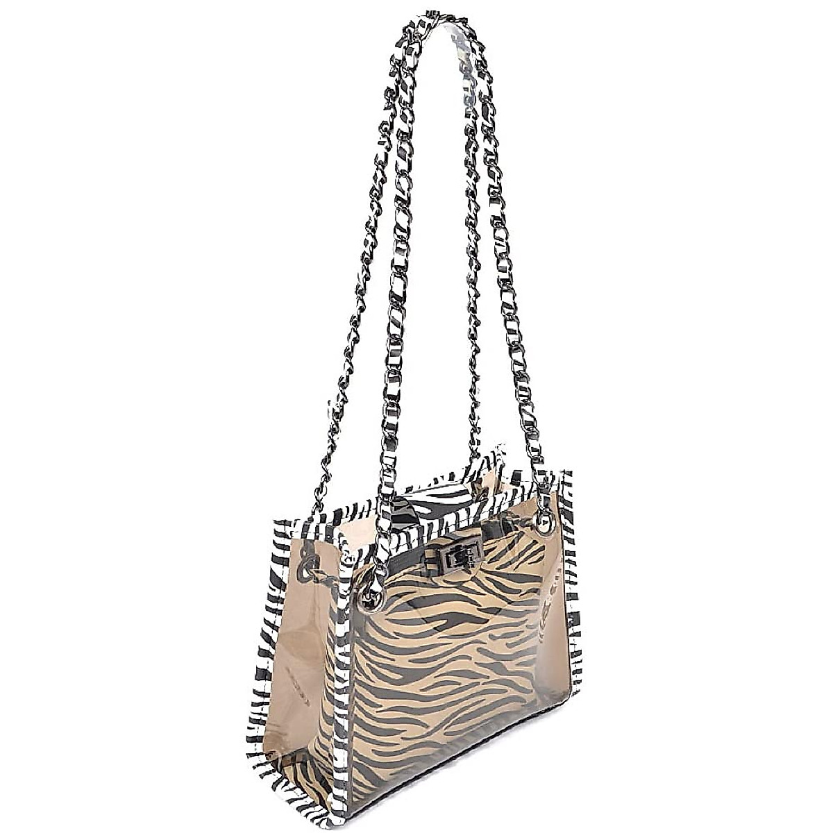Stadium Approved Vegan Leather Snake Print Small Large Clear Tote Bag Purse (Small 2 in 1 Zebra Tote - Clear)