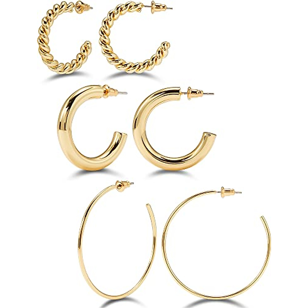 Gold Hoop Earrings Set Women: 14k Plated Hypoallergenic Open Chunky Jewelry Girls Large Thick - Big Thin Lightweight Stainless Steel Golden Loop Earring Pack (Gold)