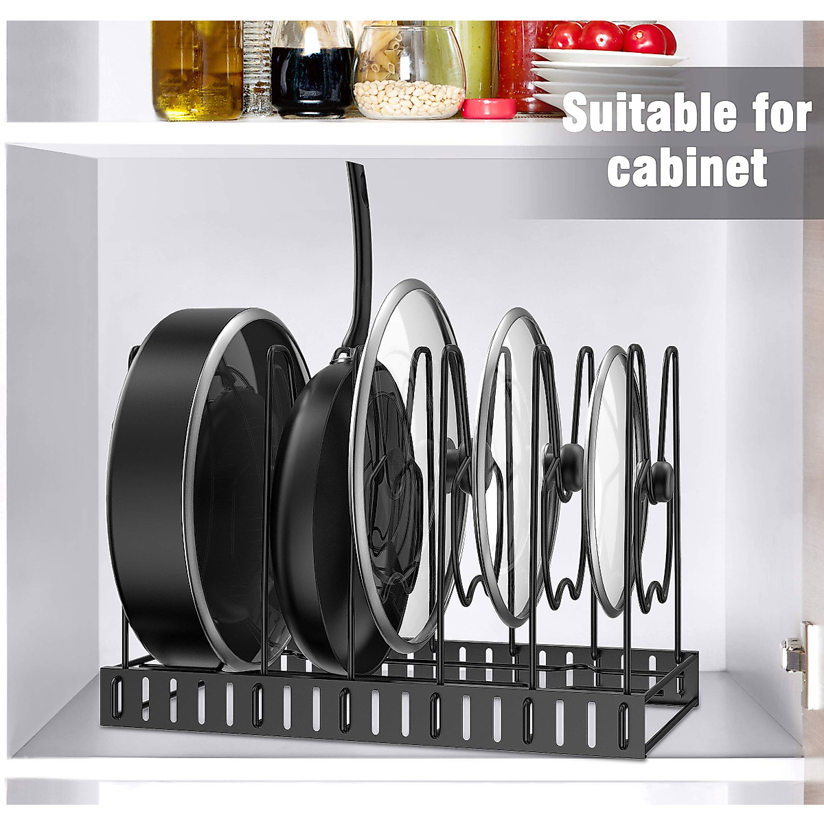KAPTRON Pot Rack Organizer, 3 DIY Methods, Height and Position are Adjustable - 8 Pots Holder, Metal Kitchen Cabinet Pantry Pot Pan Lid Holder (BLACK)