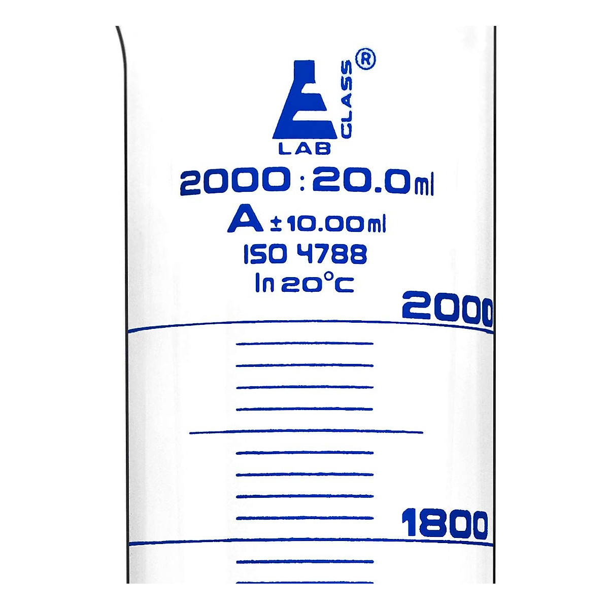 EISCO Graduated Cylinder, 2000ml - Class A Tolerance ±10.0ml - Round Base - Blue Graduations - Borosilicate 3.3 Glass