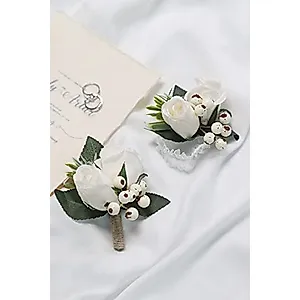 FAYBOX Wrist Corsage Wristlet and Men Boutonniere Set Bridesmaid Wedding Party Prom Hand Flower Decor(2Pcs Ivory Set)