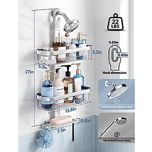 LAMU Adjustable-Shower-Caddy-Hanging, Rust Proof Shower Hanging Organizer, 3-Tier Aluminum Alloy + ABS, Large Capacity Shower Caddy Over-the-Showerhead with Hooks, Razor Holder, Soap Dish, Silver