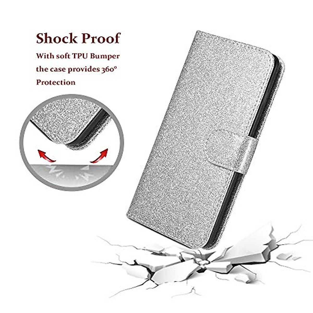 QLTYPRI iPhone 7 Plus Case iPhone 8 Plus Case Glitter PU Leather Wallet Case Detachable Magnetic Slim Case with Card Slots Kickstand 2 in 1 Design Removable Back Cover for iPhone 7P 8P - Silver