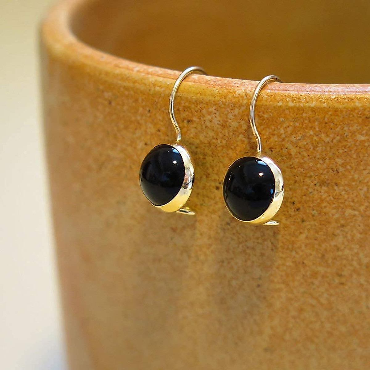14K Gold Onyx Earrings - 14K Solid Yellow Gold Black Gemstone Drop Earrings, Dainty 8mm Round Stone, December Birthstone Leo Star Sign Birthday, Handmade Classic Elegant Jewelry Gift for Women