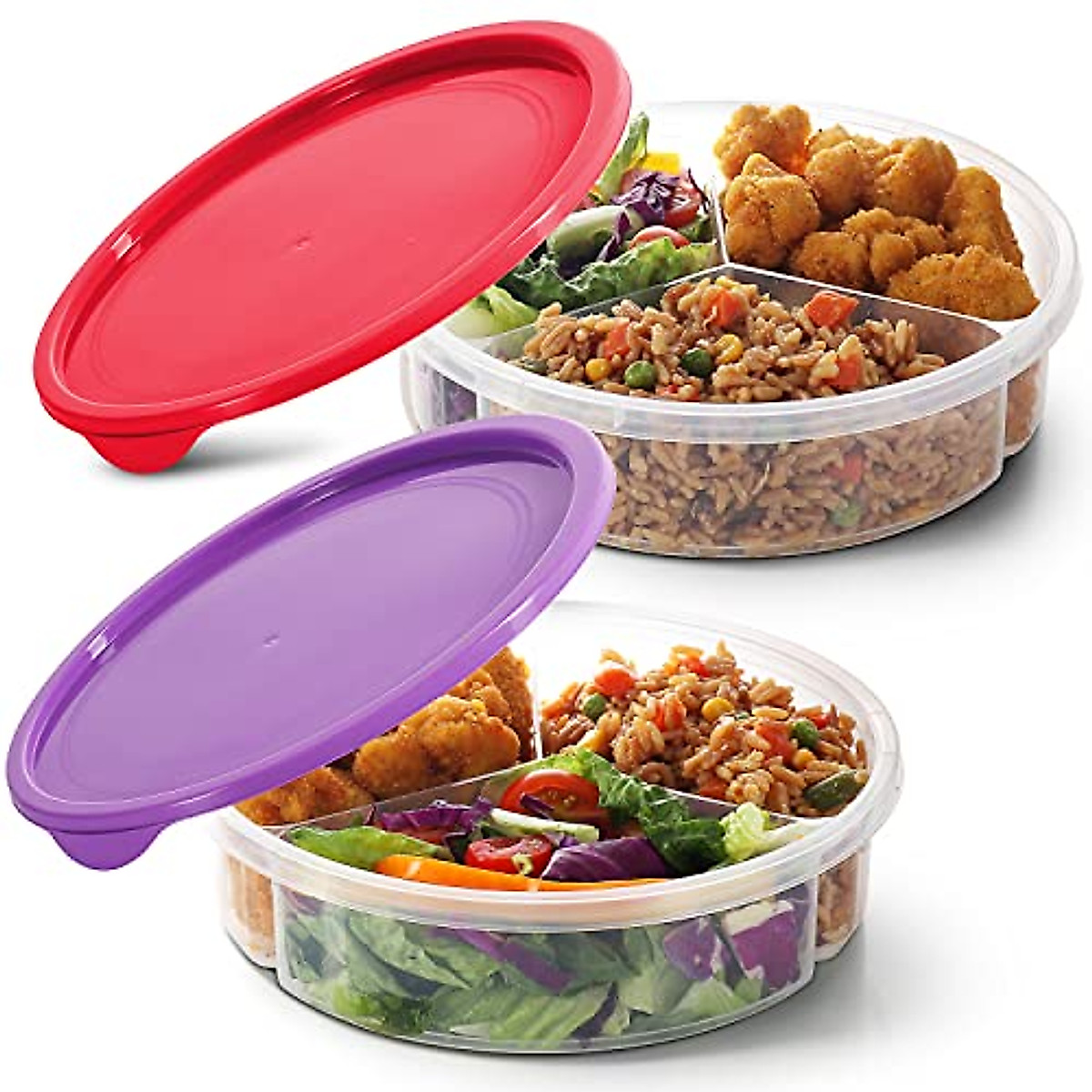 Zilpoo 2 Pack - 3 Compartment Round Plastic Food Storage Container with Lid, Divided Kids Lunch Box, Candy and Nut Serving tray w/ Cover, Keto Snack Plate, Arts, Crafts Organizer Holder, 7-Inch