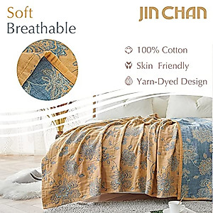 jinchan Yellow Throw Blanket for Couch Spring Cotton Blanket Soft Breathable Lightweight 4 Layer Cozy Blanket Twin Size Reversible Coverlet Floral Blanket Bed Blanket Baby Kid Gift 60x80 Inch
