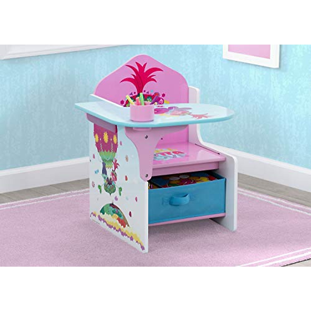 Delta Children Chair Desk with Storage Bin + Design and Store 6 Bin Toy Storage Organizer, Trolls World Tour (Bundle)