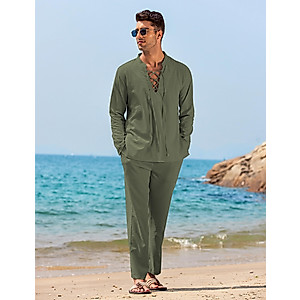 COOFANDY Men's 2 Piece Linen Sets Casual Long Sleeve Shirt and Loose Pants Set Beach Vacation Outfits, Army Green, X-Large