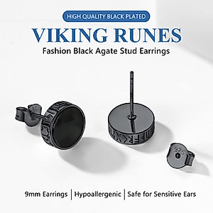 Silvora 925 Sterling Silver Men's Earrings Stud Viking Rune Stud Black Onyx Earrings For Men Women