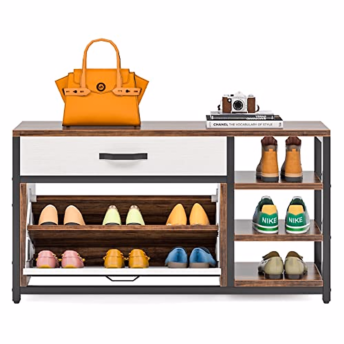 Tribesigns Flip Drawer Shoe Storage Bench, Hidden Shoe Cabinet with Drawer and 4 Tiers Shelves, 4 in 1 Tipping Bucket Shoe Storage Rack for Entryway, Hallway, Living Room, Rustic Brown & White