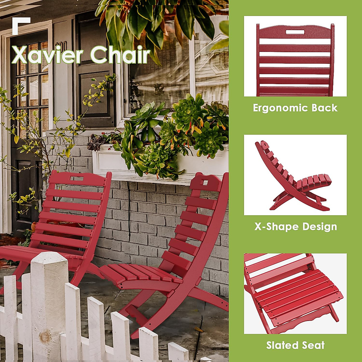 GREENVINES Folding-Xavier-Chairs Set of 4 | Wave | Portable Adirondack-Chair | HDPE Plastic | All Weather Fire-Pit Chair | Red | for Beach Outdoor Deck Poolside Garden Patio Porch Fishing