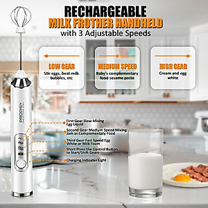 Rechargeable Milk Frother Handheld with 2 Attachments - Handheld Silver Electric Whisk Drink Foam Mixer, Mini Stirrer with 3 Adjustable Speeds for Coffee, Lattes, Shakes, and Eggs