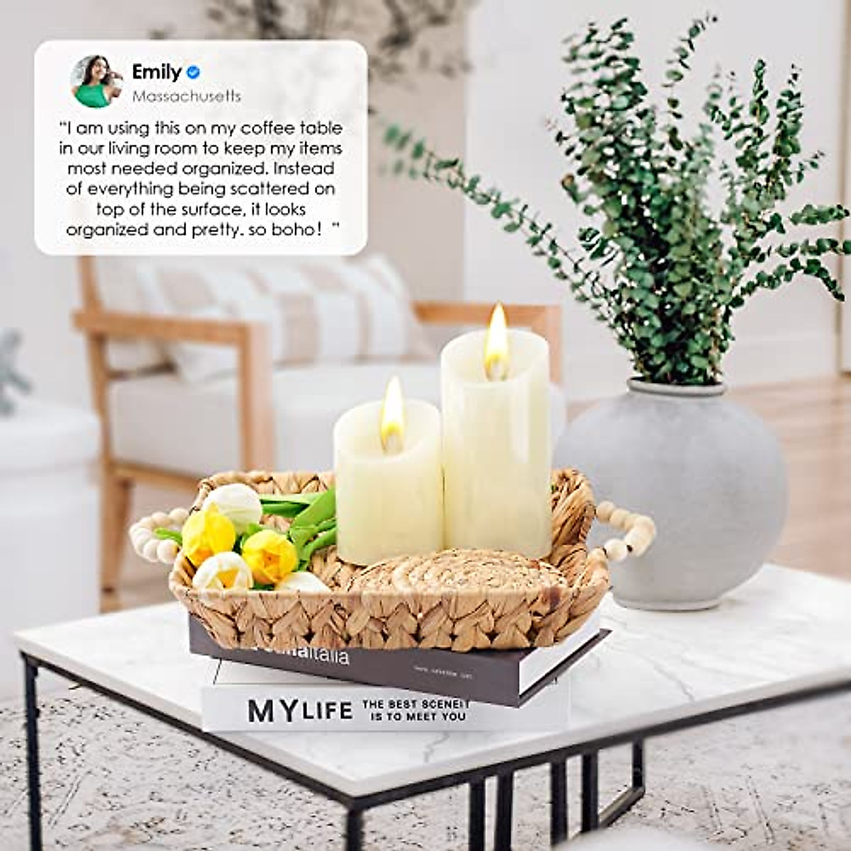 Decorative Tray Square Woven Storage Baskets with Wood Bead Handles Boho Coffee Table Decor Hand-Woven Wicker Serving Tray for Coffee/Fruit