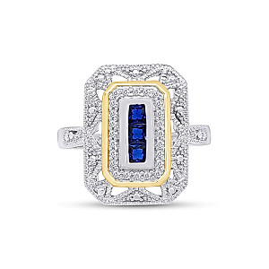 AFFY Princess Cut Simulated Blue Sapphire And White Cubic Zirconia In 14k White Gold Plated 925 Sterling Silver Two-Tone Art-Deco Style Ring Size:- 7