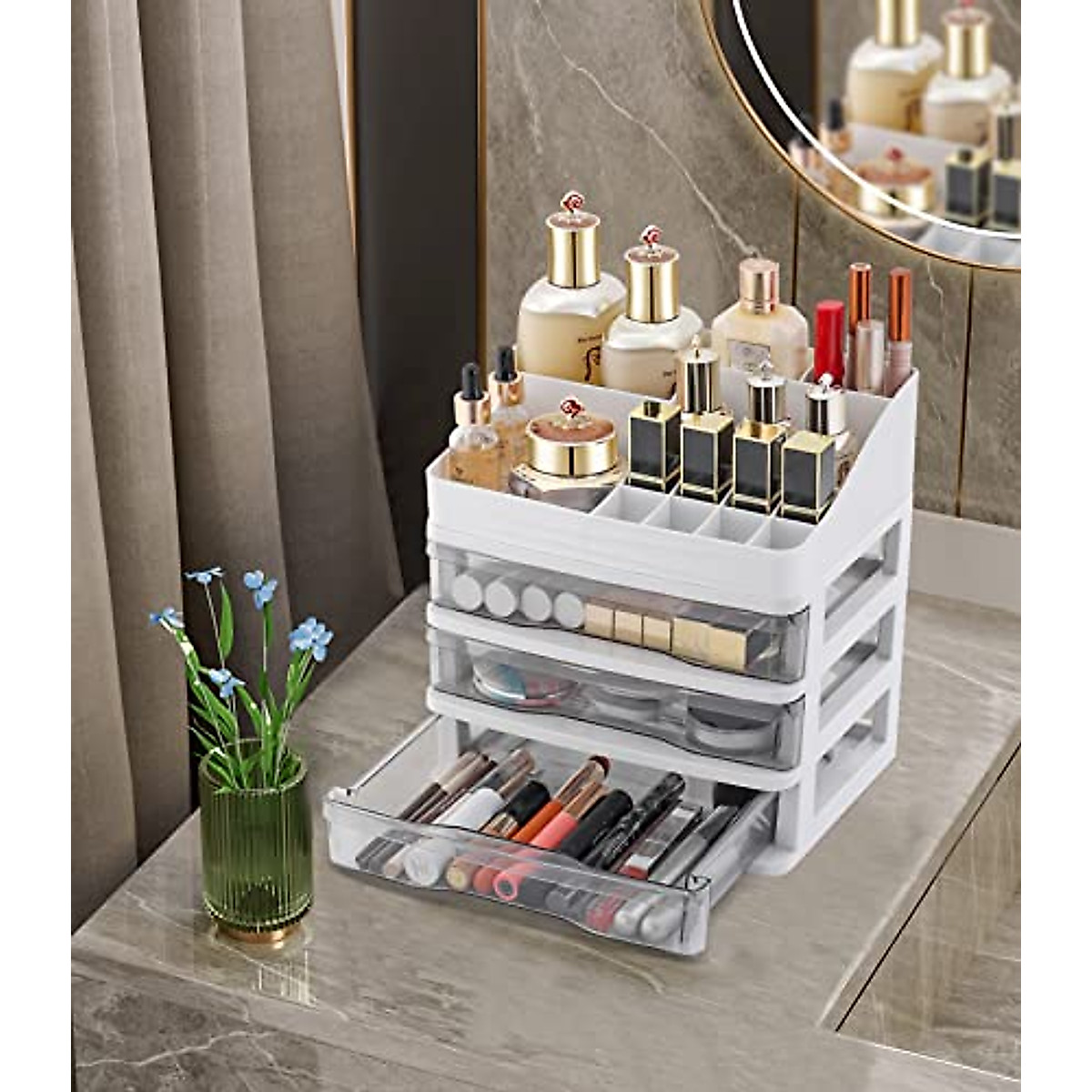 ELUCHANG Cosmetics Makeup Organizer Storage: 9.6" Detach Make Up Organizers and Storage with Clear Drawers Large Skincare Organizers for Vanity Countertop Dresser Bedroom Bathroom Desk